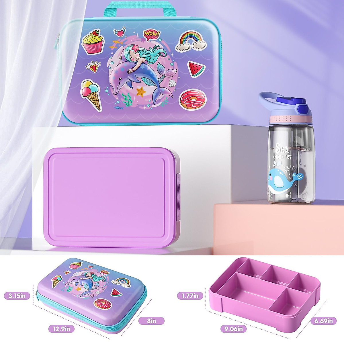 WayEee Lunch Box with Lunch Bag Bento Box Set for Girls - Insulated Lunch Bag with 4 Compartment Bento Box Water Bottle Ice Pack Silicon Cap Salad Container for Kids Back to School Ideal for Age 6-15
