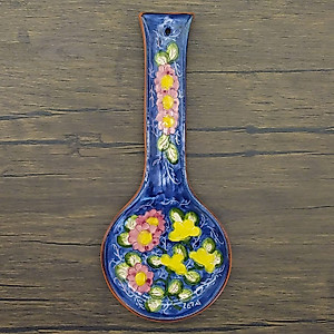 Handmade Hand Painted Portuguese Pottery Ceramic Spoon Rest (Floral), 11'' x 4.75'' x 0.5'' inches