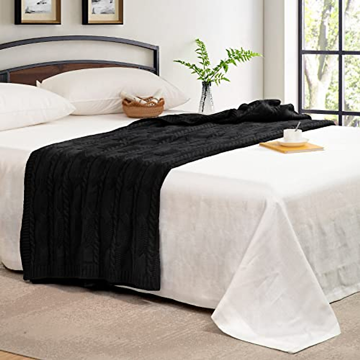 Aormenzy Black Knit Throw Blankets Cable Knit Decorative Throw Blanket Soft Cozy Knitted Blanket for Sofa Couch Bed, 50" x 60"