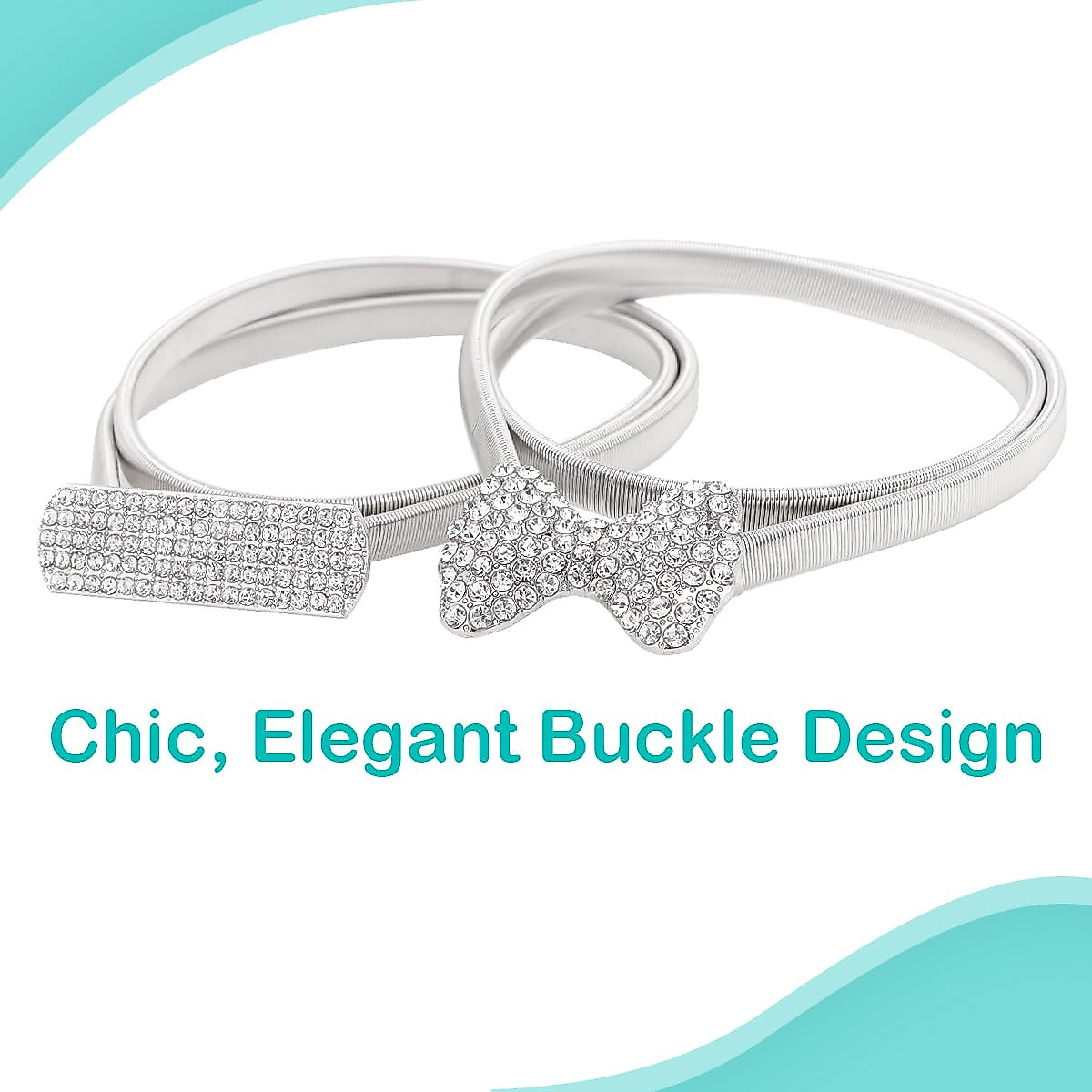 kilofly 2pc Women's Silver Metal Thin Skinny Stretch Belt Rhinestone Waistbands