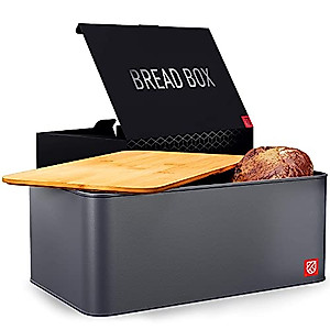 Bread Box for Kitchen Countertop - Large Metal Countertop Bread Bin with Bamboo Chopping Board Lid - Bread Storage Container and Holder - Cut, Serve and Store Bread Fresher For Longer