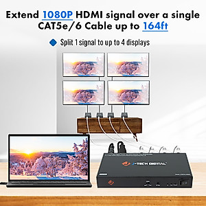 J-Tech Digital HDMI Extender Splitter 1x4 Over Single Cat5e/6 Ethernet Cable Up To 164ft. Supports PoC HDMI Loopout IR Control EDID Switch