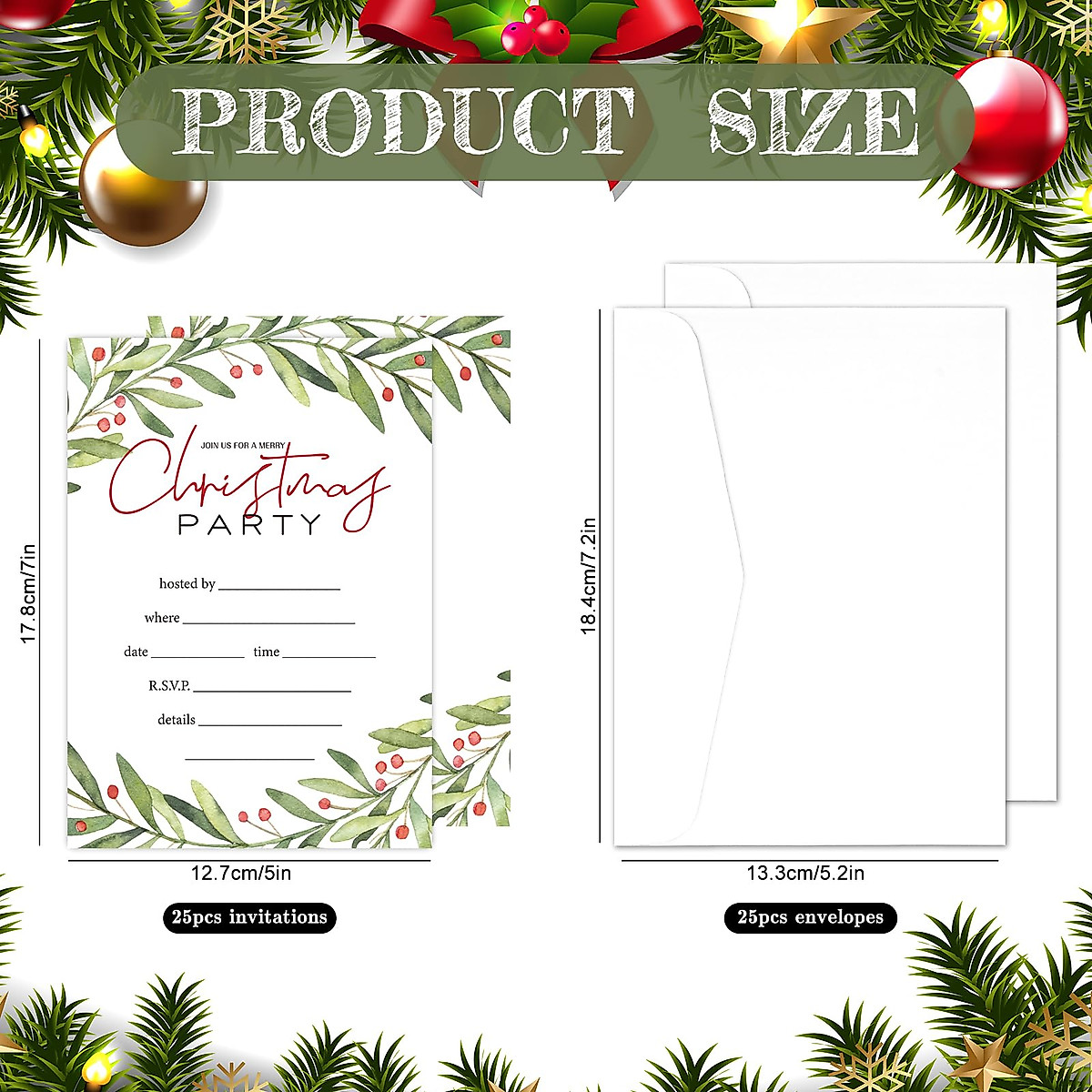 Whaline 25 Pack Christmas Party Invitation Cards Holly Greenery Watercolor Leaves&Berries Invitation Paper Cards with Envelopes Xmas Holiday Party Invites