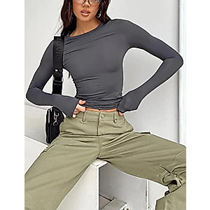 Lviefent Womens Casual Long Sleeve Workout Yoga Y2K Crop Top Slim Fit Basic Tee Shirt with Thumb Hole (Grey, Large)