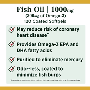 Nature's Bounty Fish Oil, Supports Heart Health, Dietary Supplement, 300mg Omega-3, 120 Coated Softgels