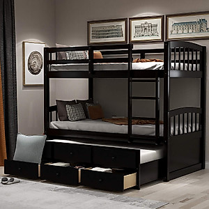 P PURLOVE Twin Over Twin Bunk Bed with Ladder, Wood Bunk Bed Frame with Wooden Slat Support, No Box Spring Needed (Espresso)