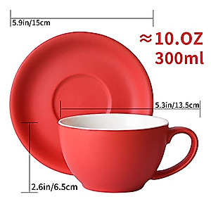 Yundu Porcelain Latte Cup and Saucer - 10 oz for Cappuccino,Tea,Cafe Mocha, Set of 4,Matte Mixed Color