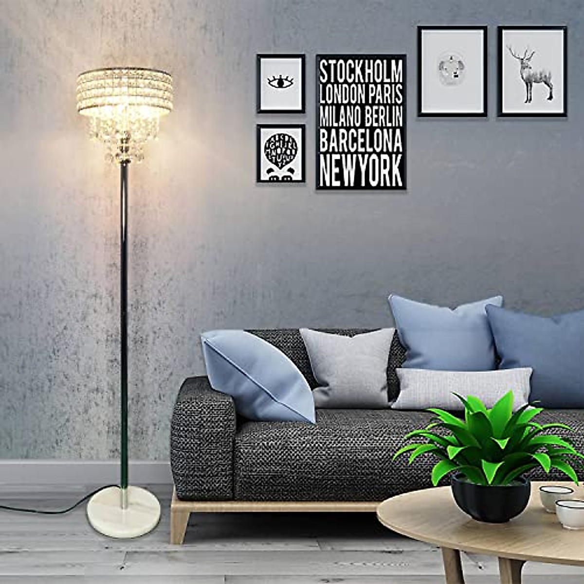 beaysyty Modern K9 Clear Glass Crystals Floor Lamp with 3 LED Bulbs, On/Off Foot Switch, Crystal & Glass 3-Lights Standing Light, Reading Corner Lamp for Office Cafe , Living Room Bedroom (Chrome)