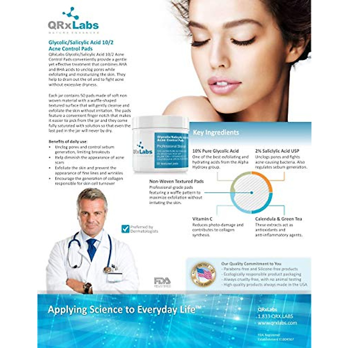 Glycolic/Salicylic Acid 10/2 Acne Control Pads with 10% Ultra Pure Glycolic Acid + 2% Salicylic Acid, Allantoin, Vitamins B5, C & E, Calendula & Green Tea - Most Effective Acne Treatment - Clear Skin