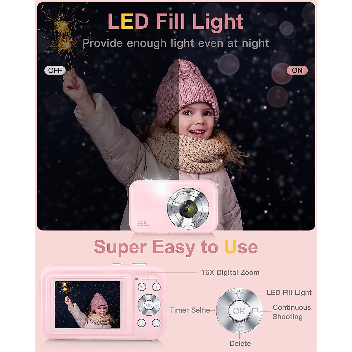 Digital Camera, FHD 1080P Kids Camera with Neck Lanyard 32GB Card Battery, Anti-Shake 16X Digital Zoom, 44MP Point Shoot Cameras, Compact Portable Small Gift Camera for Kid Teen Student Girl Boy(Pink)