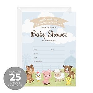 Barnyard Baby Shower Invites / 25 Cards With White Envelopes / 5" x 7" Farm Animal Invitations/Fill In Gender Neutral Country Baby Cards/Made In The USA