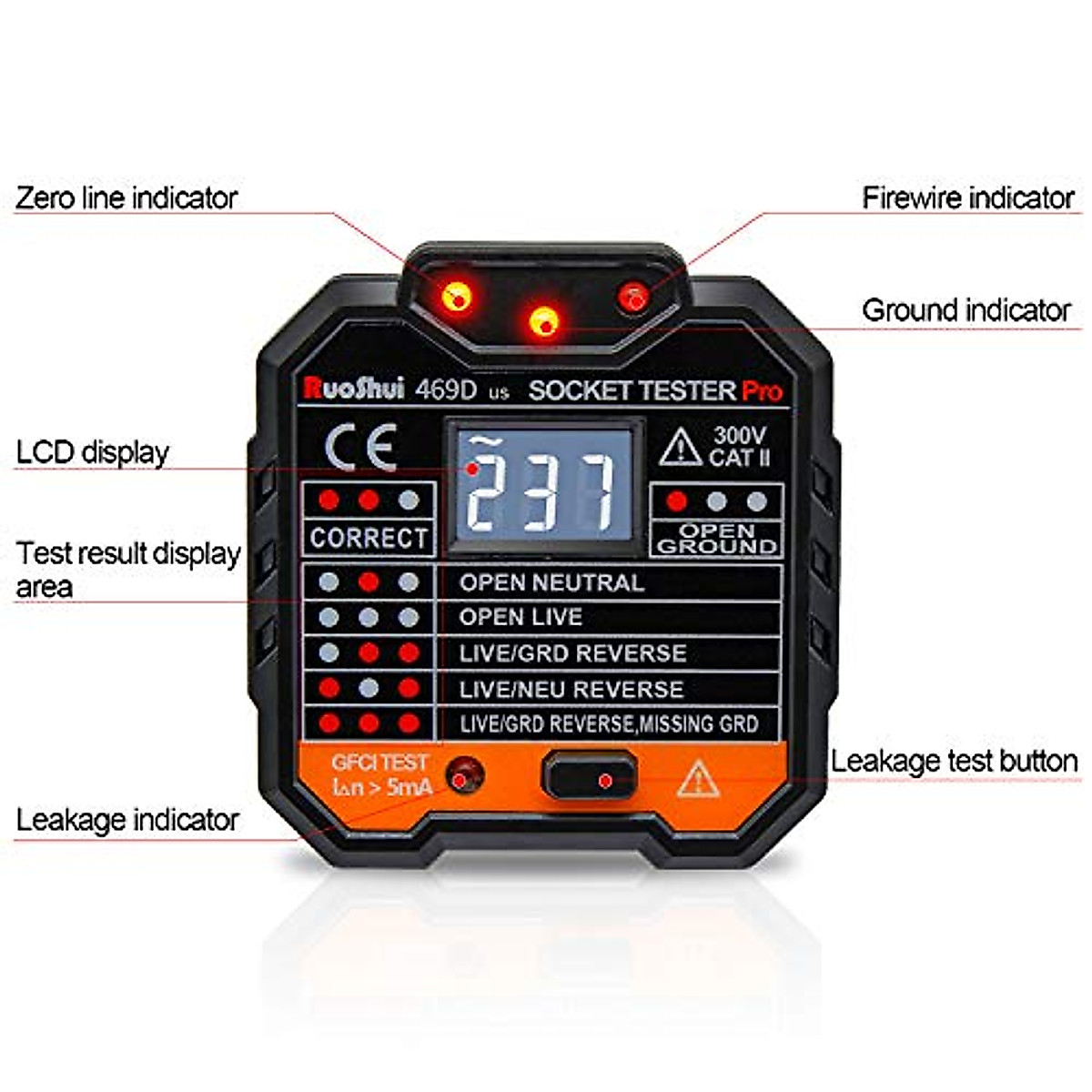 Ruoshui Outlet Tester 48-250V, GFCI Tester CAT II 300V, Receptacle Tester with Voltage Display, Standard US Electrical Socket Tester with 7 Visual Indications for Home & Professional Use…