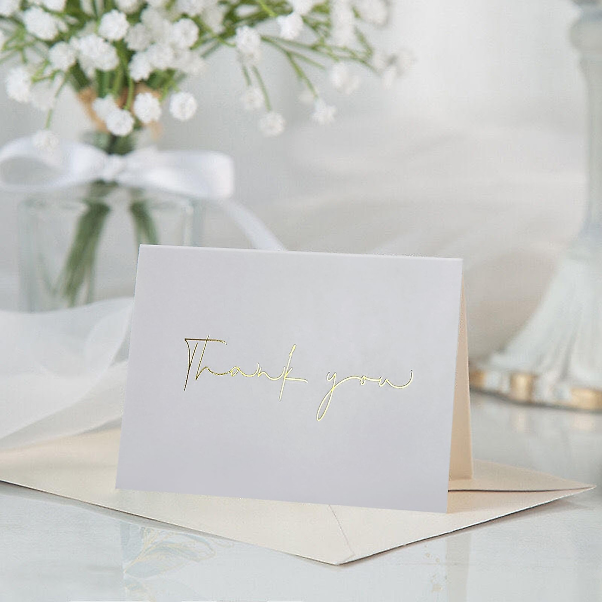Obbyidk 40 Gold Foiled Thank You Cards with Envelopes, Thank You Card Assortments, Suitable for Baby Shower, Bridal Shower, Weddings, Engagement, Graduation, Business, Birthday Party