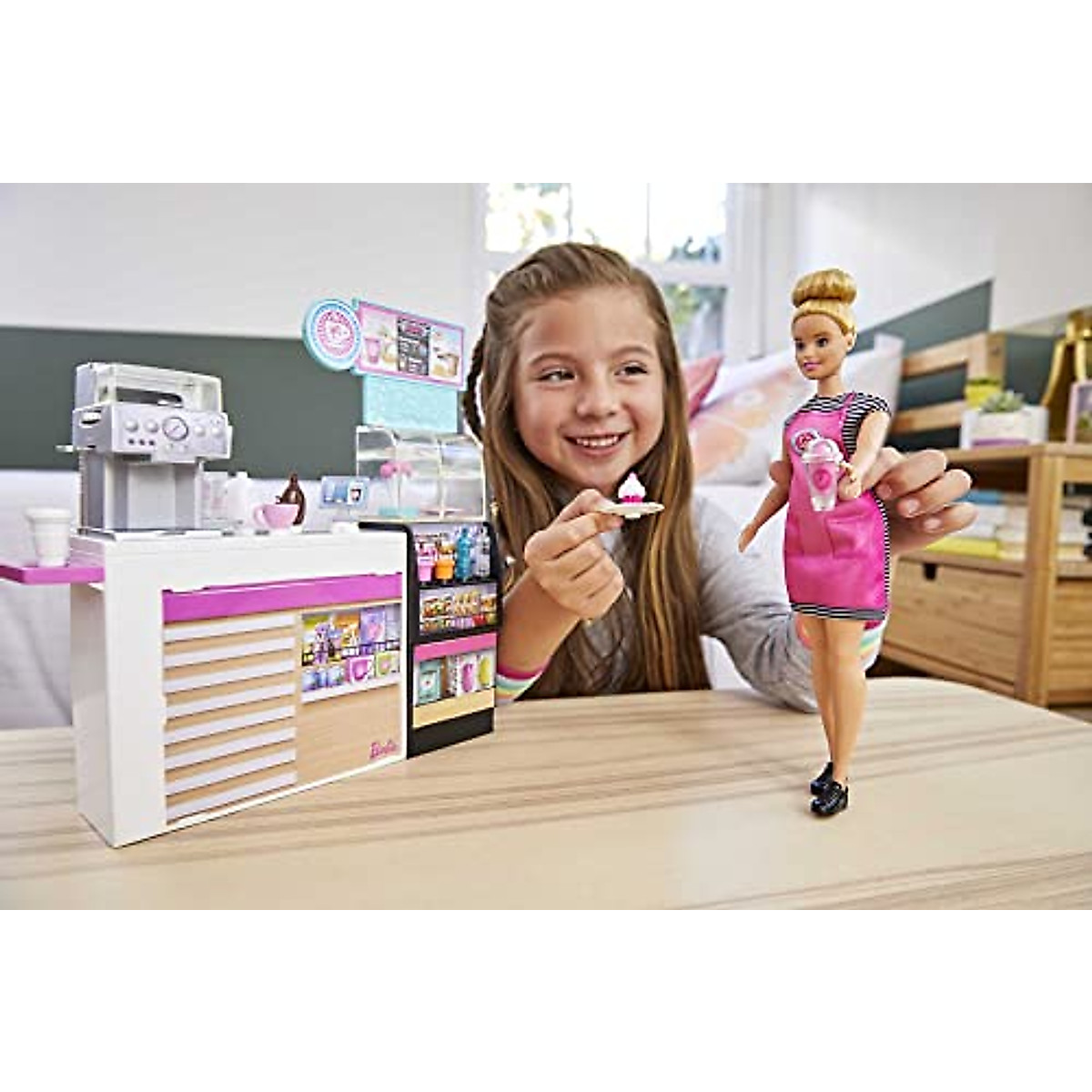 Barbie Coffee Shop with Doll and 20+ Realistic Play Pieces: Coffee Shop, Coffee-Smoothie Maker, Milk, Syrup, Snacks & More; for Ages 3 Years Old & Up - GMW03