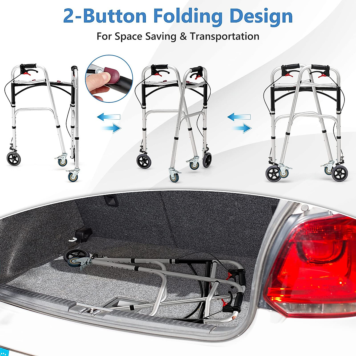 GYMAX Walkers for Seniors, 2-Button Folding Walker with 5” Lockable Wheels, Padded Seat & Trigger Release, 350lbs Height Adjustable Standard Walker, Foldable Rolling Adult Walker