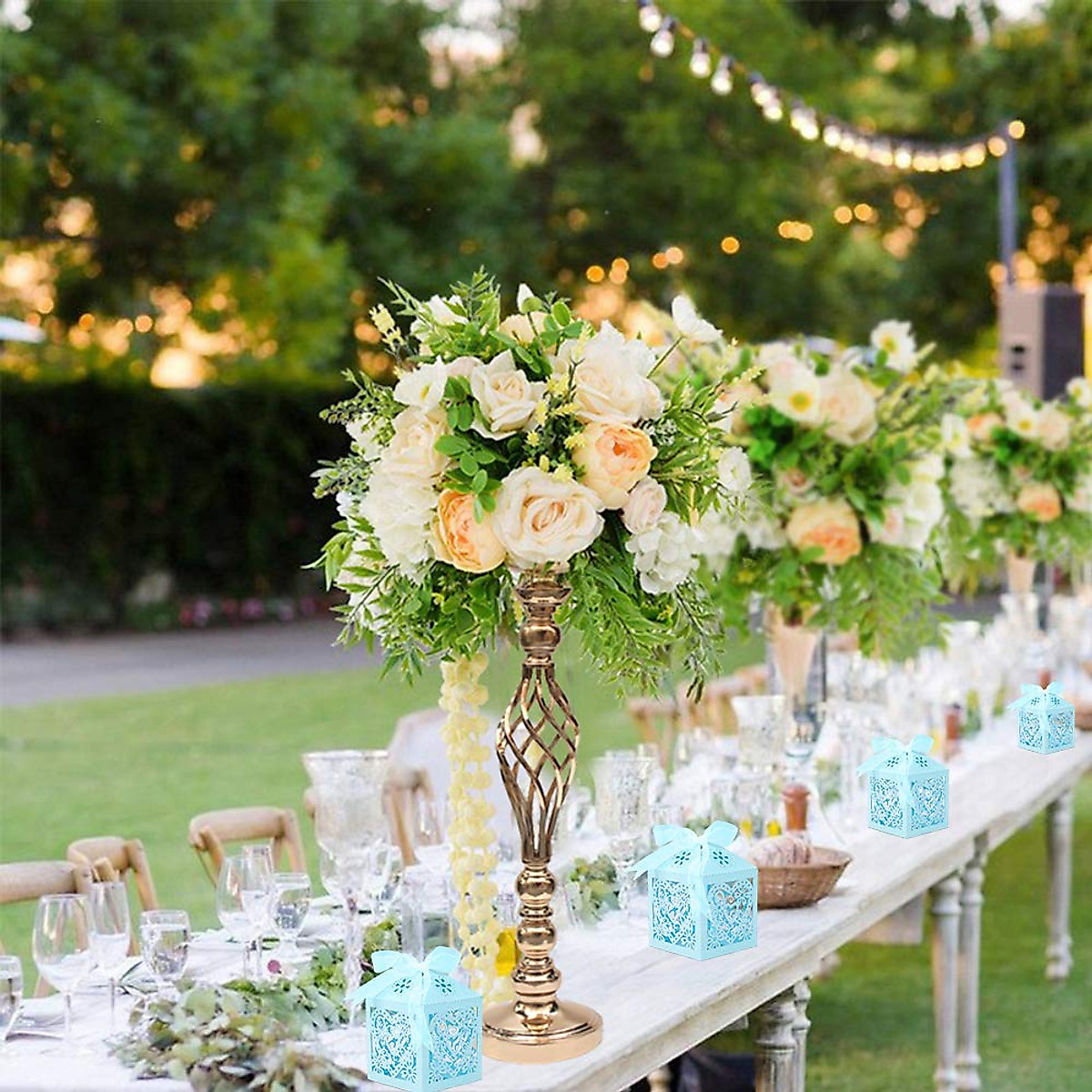 Lucky Monet 25/50/100PCS Love Heart Laser Cut Wedding Candy Gift Box Chocolate Box for Wedding Favor Birthday Party Bridal Shower with Ribbon (100pcs, Blue #01)