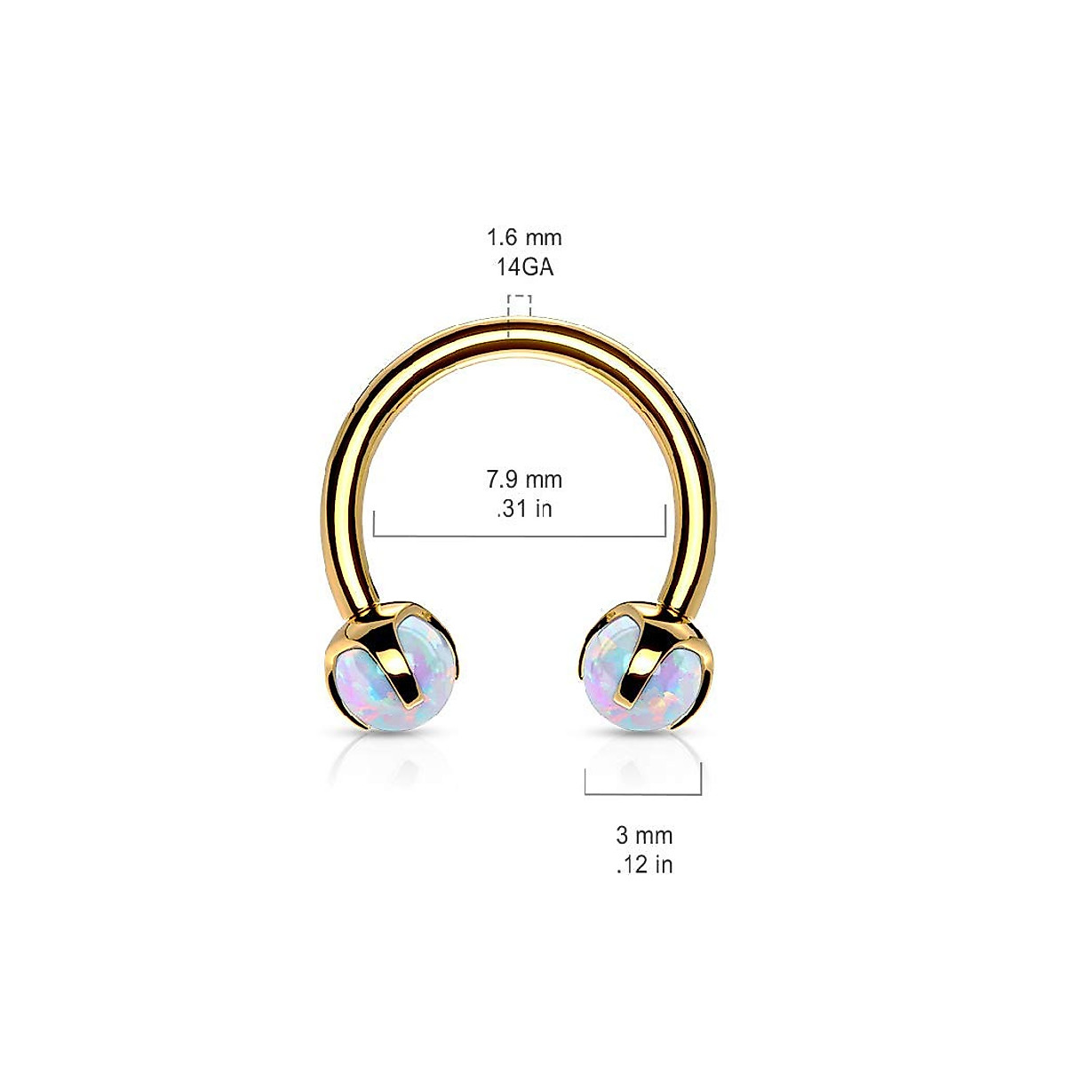 Pierced Owl 16GA 316L Stainless Steel Internally Threaded Claw Set Synthetic Opal Ends Circular Horseshoe Barbell (Black/White)