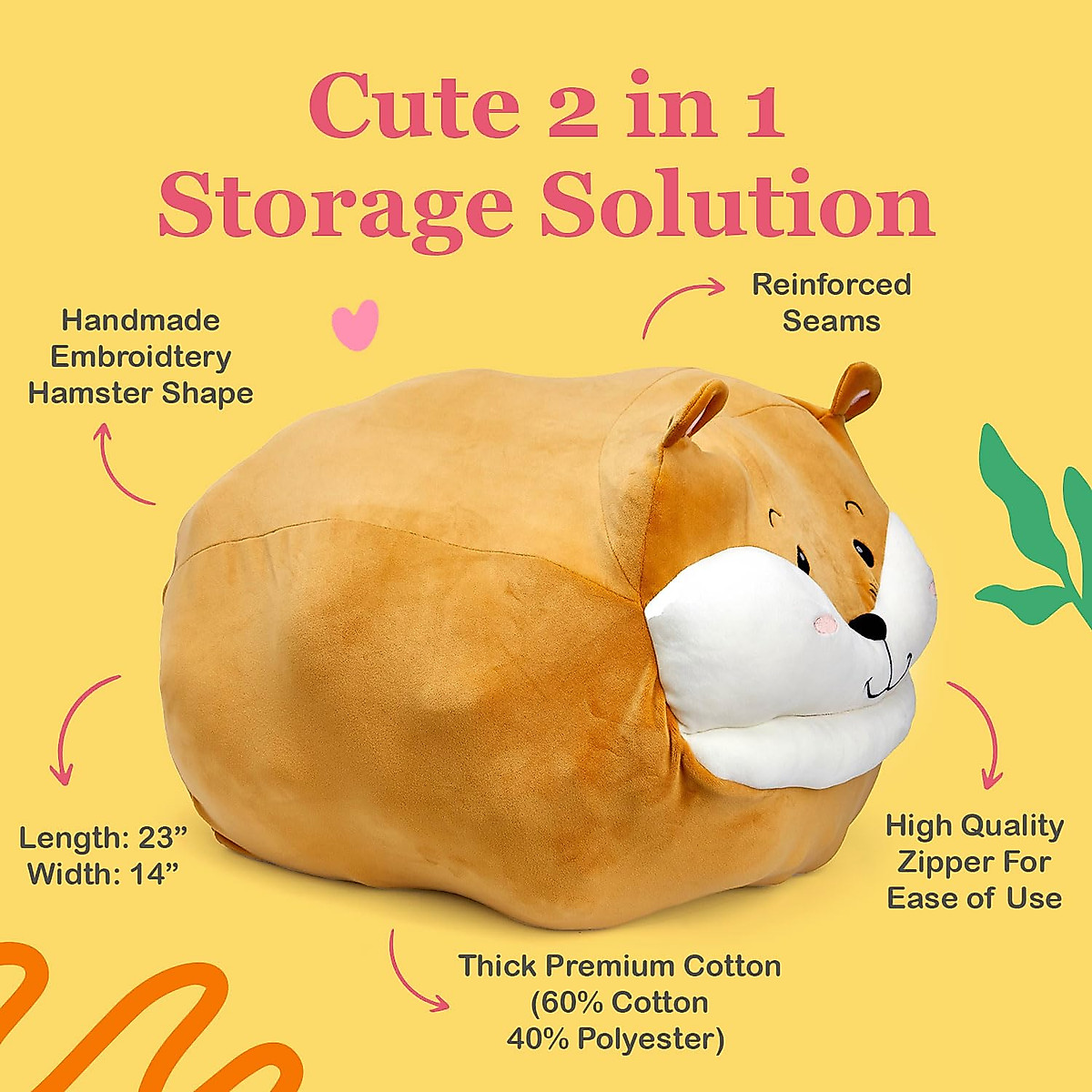 Lilly's Love - Stuffed Animal Bean Bag Storage Chair | Washable, Stuffable Zipper Beanbag Cover for Organizing Kids Plush Toys | for Boys and Girls (Hamster, 23x14)