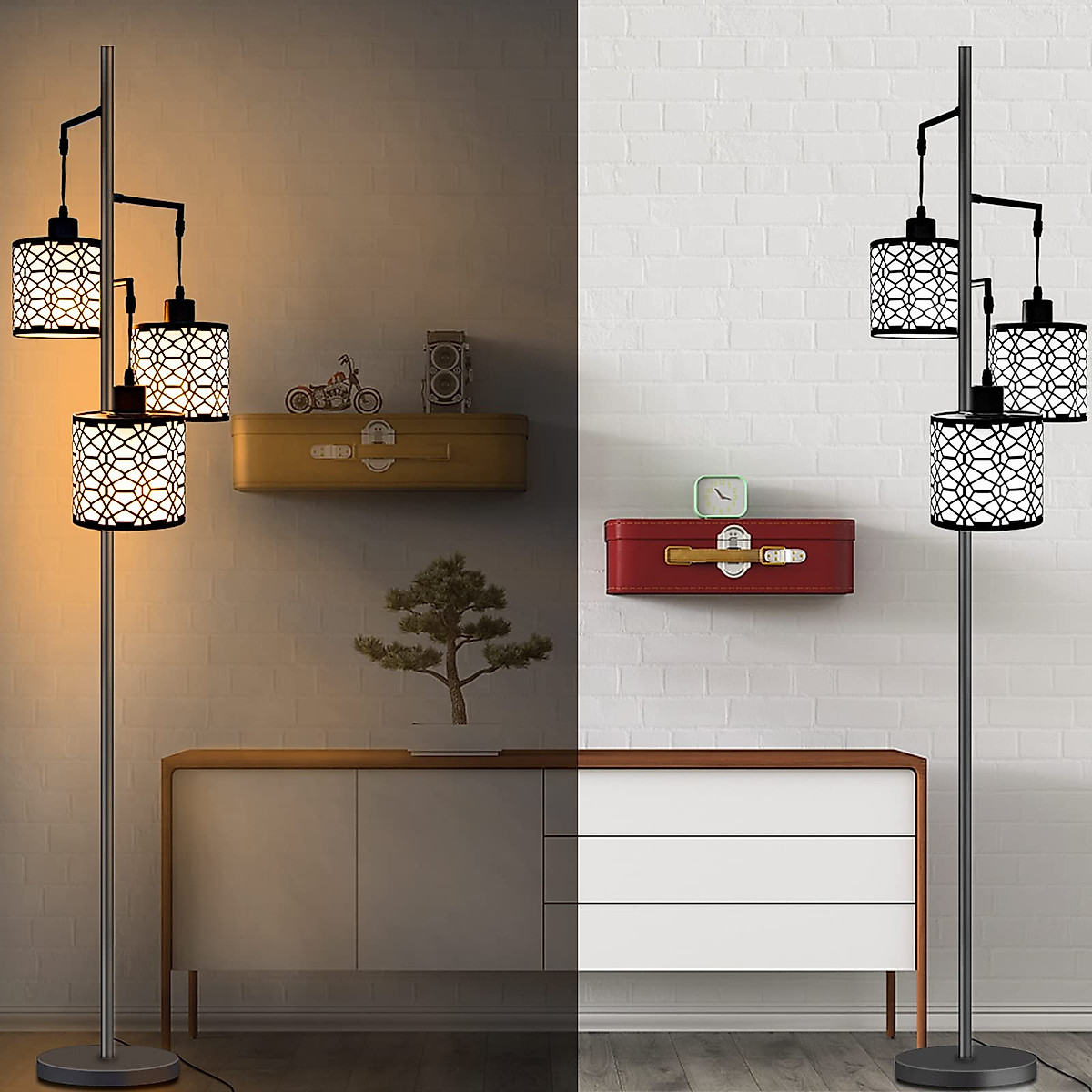 AIGOTEK Dimmable Industrial Floor Lamp with 3-Lights Black Farmhouse Floor Lamps for Living Room, Modern Tall Standing Lamp with Birdcage Shades & Base for Bedroom, Office