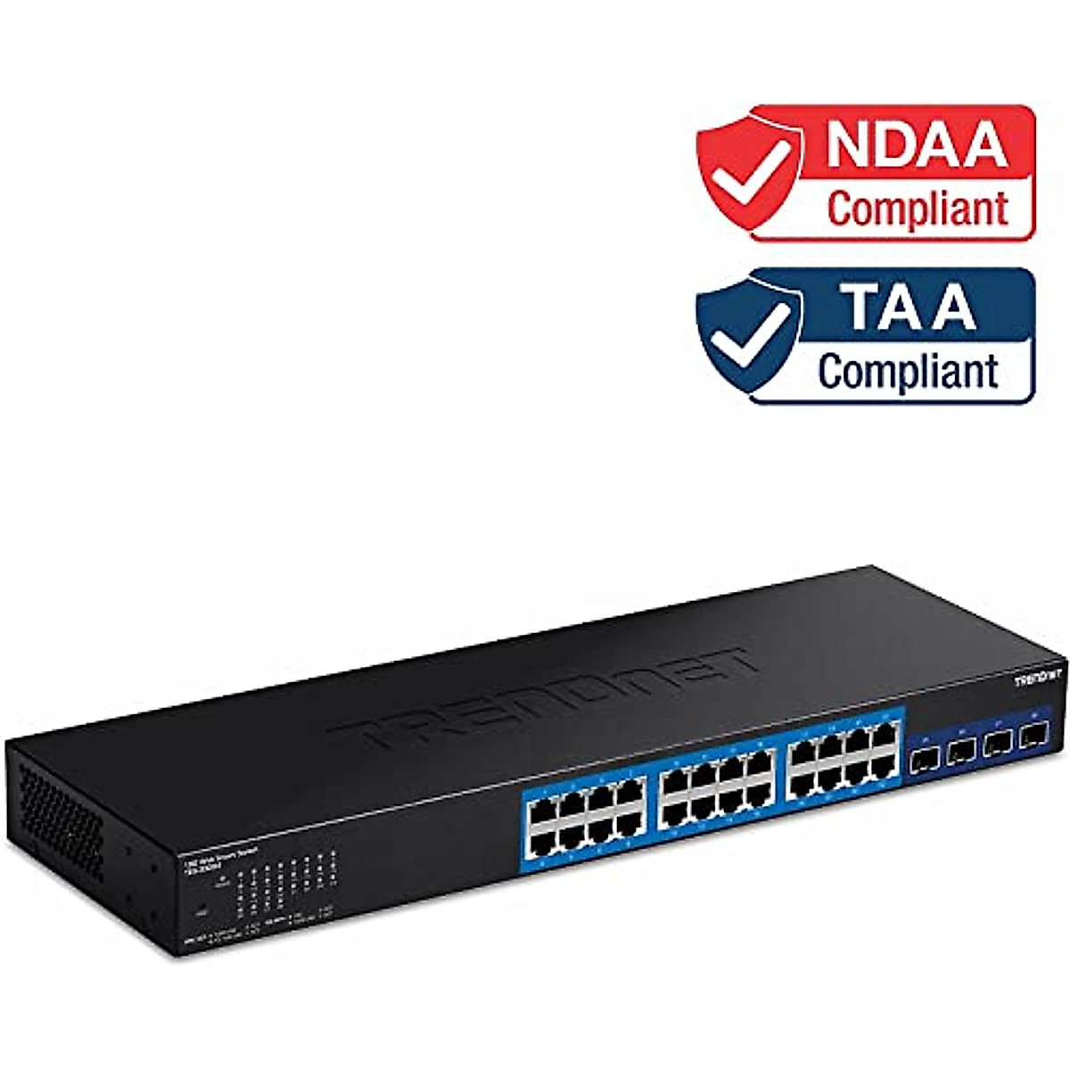 TRENDnet 28-Port Web Smart Switch, 24 x Gigabit Ports, 4 x 10G SFP+ Slots, High Speed Network Uplinks, 128 Gbps Switching Capacity,1U Rack Mountable,Lifetime Protection, Black, TEG-30284