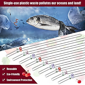 9 Pcs Reusable Glass Straws with Design 8 mm x 7.9 Inch Colorful Cherry on Clear Straw Bent Glass Cherry Straws with Cleaning Brush for Cocktail Juice Shakes Beverages Cocktails