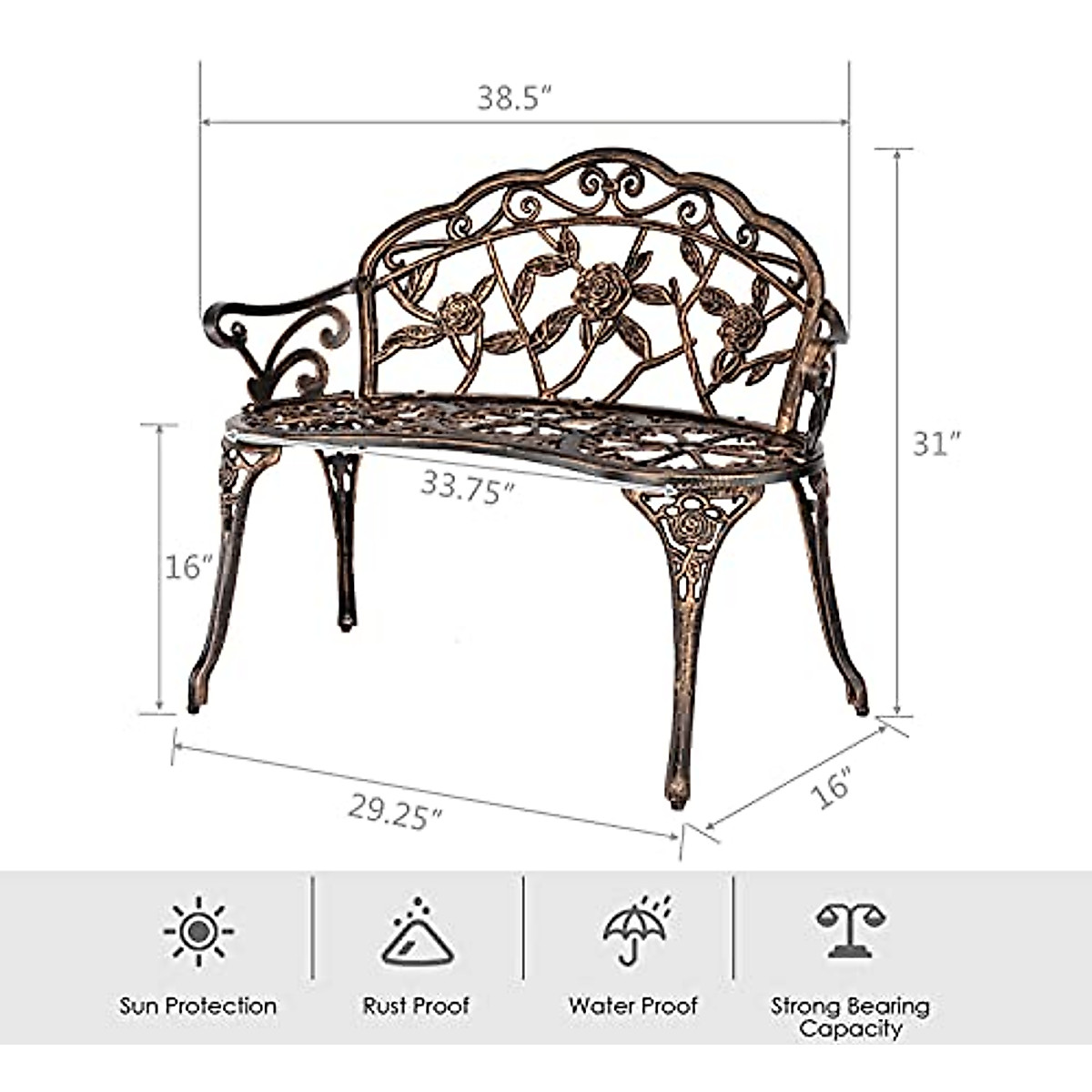 JOYBASE Outdoor Bench, Metal Patio Bench, Cast Iron Bench, Porch Bench, Cast Aluminum Bench, Garden Bench, Bronze