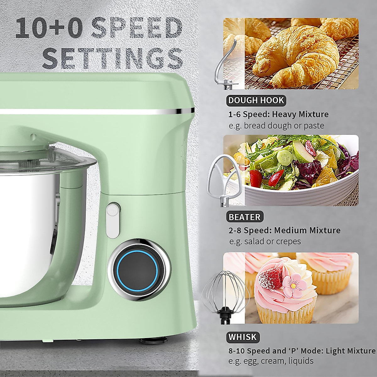 ZZR SEVEN Stand Mixer, Dough Mixer, Cake Mixer, Kitchen Mixer with Bowl SS 5.5 QT, 450W Copper Motor, Standing Mixer with Beater, Dough Hook, SS Egg Whisk (450W Green)