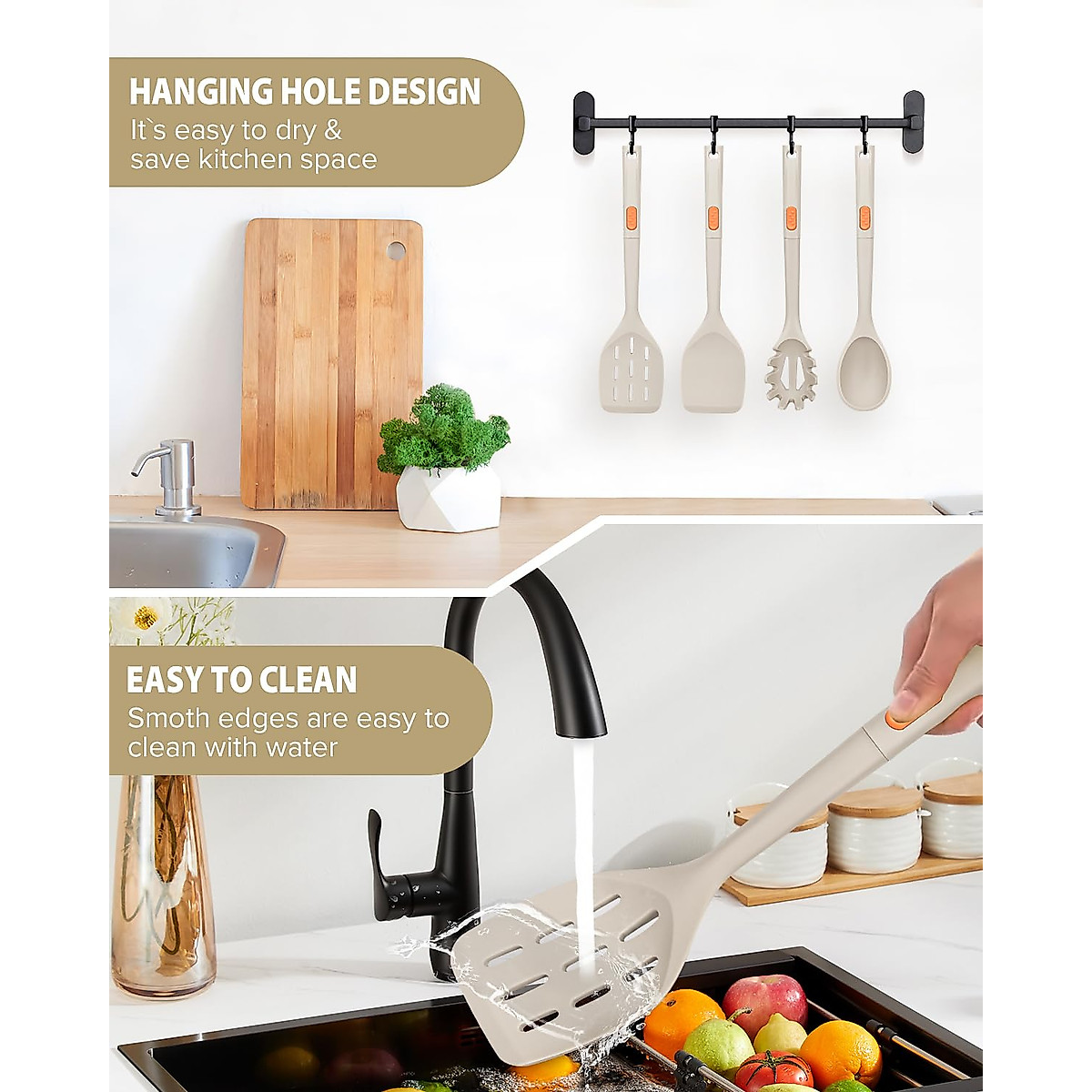 Silicone Cooking Spatulas and Spaghetti Spoons, 4 Pack Heat Resistant Full Silicone Cooking Utensils Set, Non Stick Large Kitchen Silicone Spatula Spoons for Cooking, Mixing, Serving, Draining