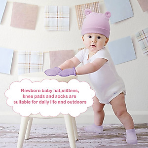 4 Sets Newborn Baby Hat and Mittens Toddler Beanie Cap Non Slip Socks for 0-6 Months (White, Gray, Pink, Purple)