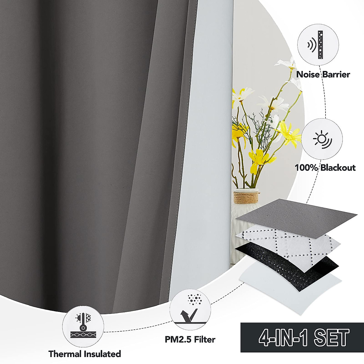 RYB HOME Soundproof & Dust Particle Filtering Curtains Total Blackout Thermal Insulated Window Treatment Air Filter Drapes for Studio Laundry Room Furance, Grey, W52 x L63 inch, 2 Panel