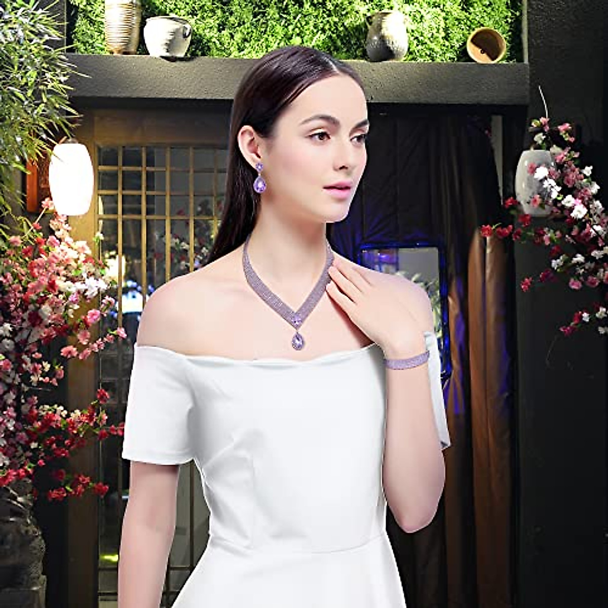 M MIRACULOUS GARDEN 3 Pack Women Rhinestone Crystal Necklace Bangle Bracelet Teardrop Dangle Earrings Jewelry Set for Wedding Party