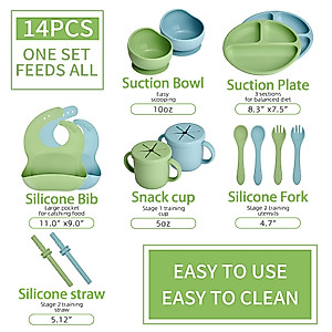 MumEZ Silicone Baby Feeding Set, Baby Led Weaning Utensils, Adjustable Silicone Bibs, Baby Plates and Bowls with Suction, Baby Spoons Forks, Sippy Cup, Baby Eating Essentials(Ether&Sage)
