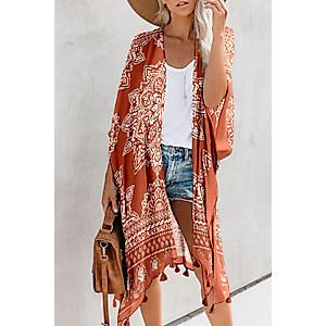 Dokotoo Womens Fashion 2025 Print Open Front Long Kimonos Cover up Pop Pop Tassel Split Cardigan Holiday Beach Swimsuit Coverup Swim Bikini Loose Bathing Suit Cover up Swimwear
