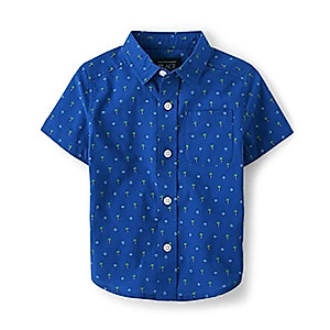 The Children's Place Baby Toddler Boys Short Sleeve Button Down Shirt, Blue Palm Trees, 4T