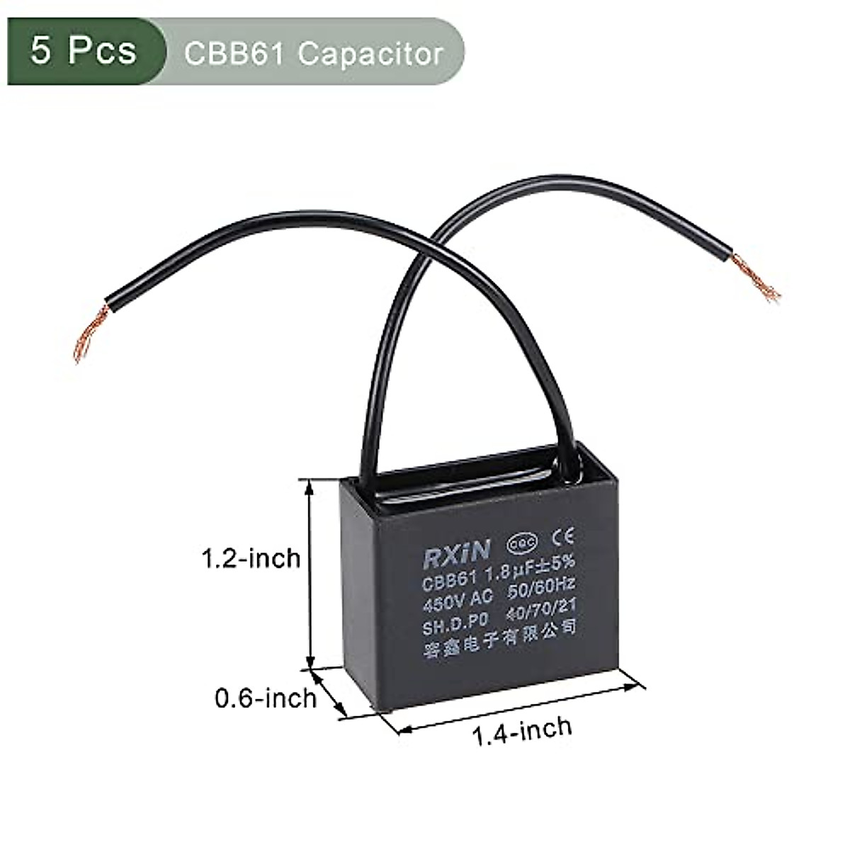 YOKIVE 5Pcs Ceiling Fan Capacitor CBB61, Metallized Polypropylene Film Capacitor Great for Fans Pumps Motors Running (1.8uF 450V AC 2 Wires 50/60Hz)