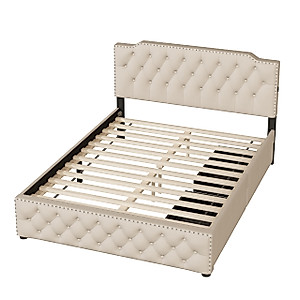 Prohon Queen Size Bed Frame w/ 2 Drawers and Two Sets USB Ports, Upholstered Platform Bed with Button Tufted Trim Headboard, Velvet Linen Wooden Bed Fram No Box Spring Needed, Beige