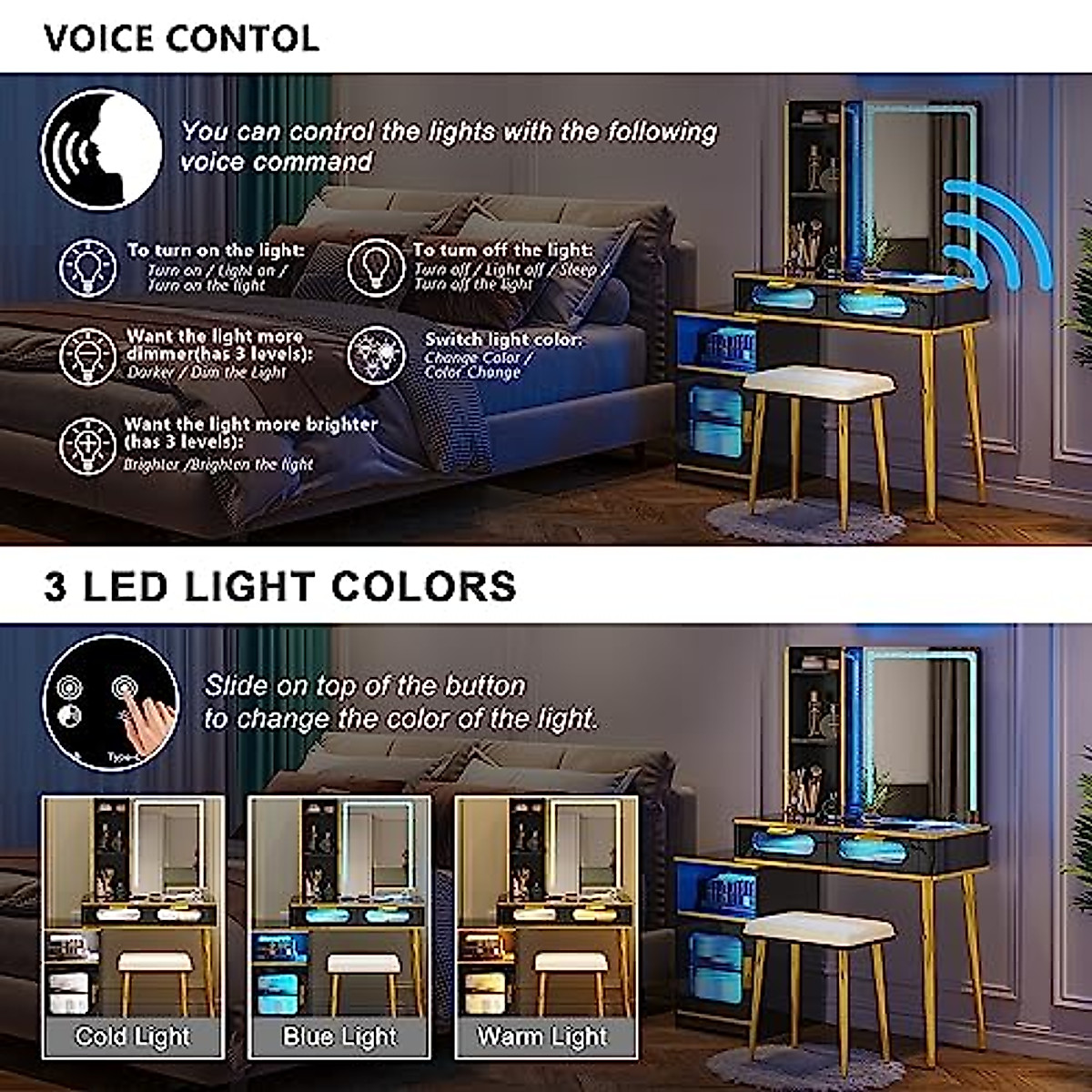 HNEBC Vanity Desk with Mirror and Lights,White Vanity Set with USB&Type-C&Wireless Charging,Makeup Vanity with Drawers/Stool, Voice Control Switch Vanity Makeup Desk for Bedroom&Dressing Room,Black