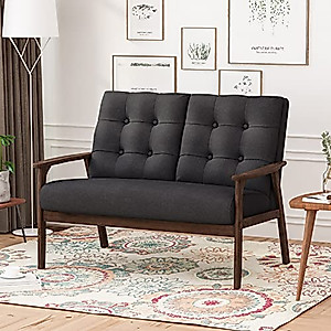 Christopher Knight Home Athena Mid Century Waffle Stitch Tufted Accent Loveseat with Rubberwood Legs-Black and Walnut Finish