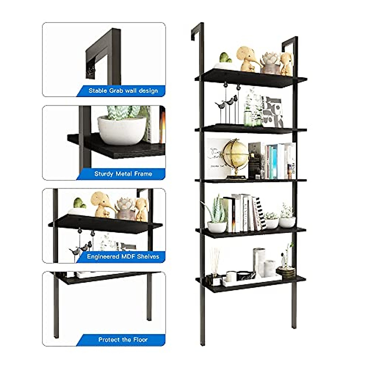 DKLGG 5-Tier Book Shelf Rack Against The Wall, Tall Ladder Shelf Wooden Bookcase Metal Frame Storage Plant and Flower, Single Standing Bookshelf Ladder ​for Living Room, Bedroom, Balcony, Home Office