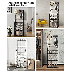 TIMEBAL Shoe Rack Coat Hat Rack, Stackable Shoe Storage Organizer, holds 8 Pair Shoes and Boots and hangs Coats & Hats, Durable Metal Pipes Shoe Shelf Organizer for Entryway, Hallway, Living Room