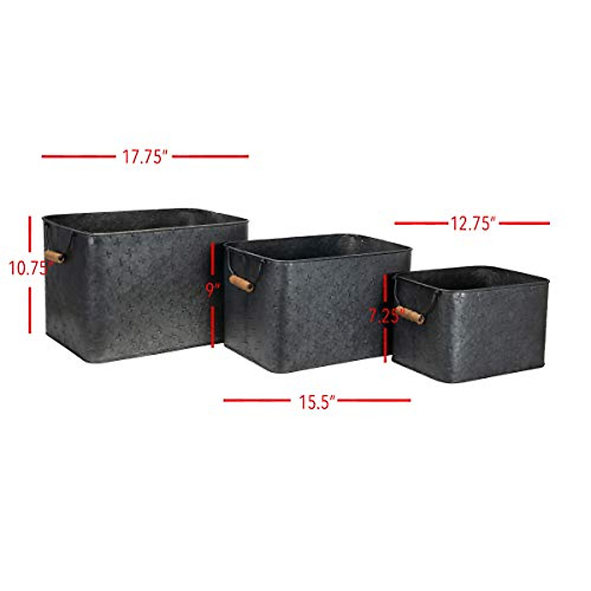 Foreside Home & Garden Black Set of 3 Galvanized Decorative Storage Nesting Bins with Wood Handles