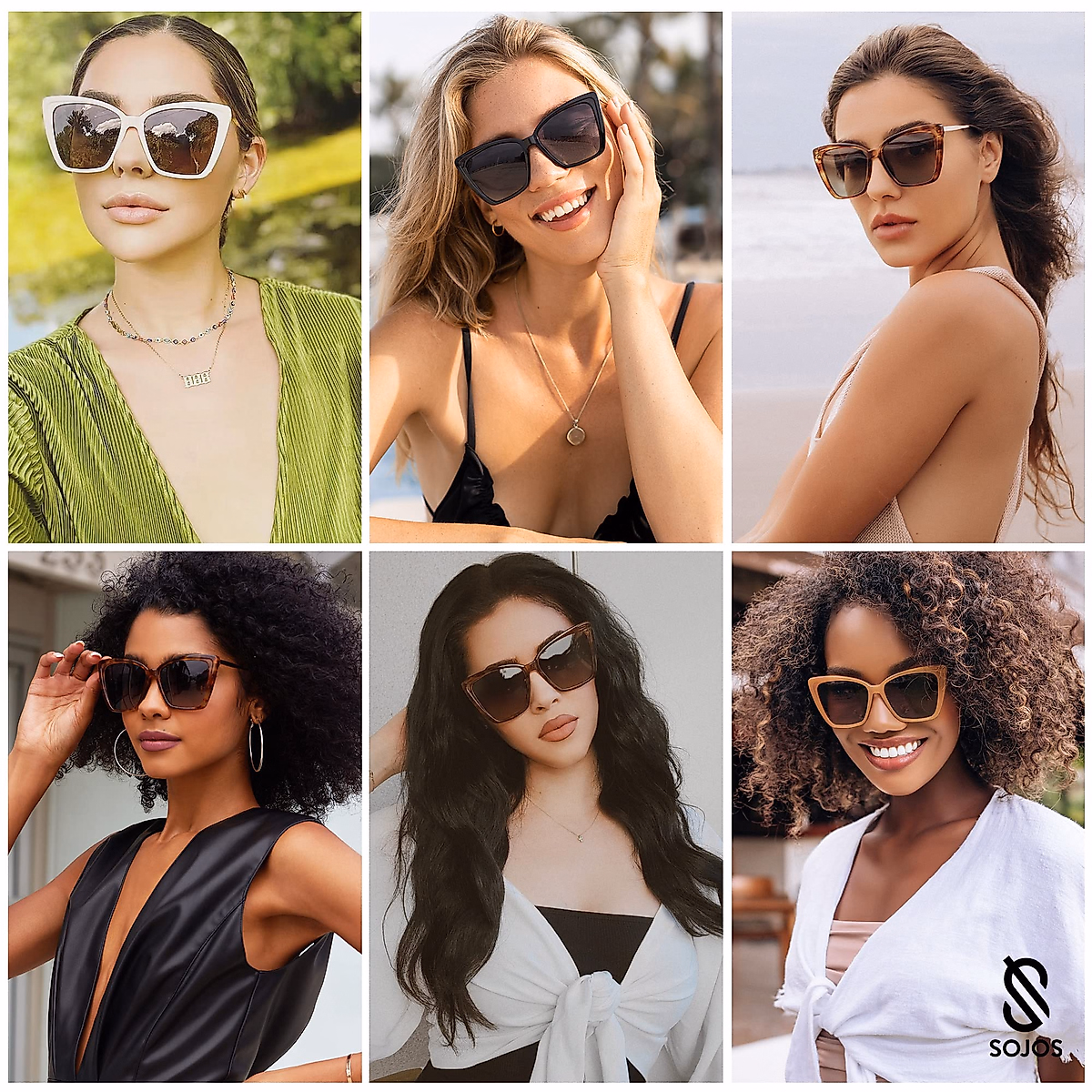 SOJOS Trendy Polarized Sunglasses For Women Retro Womens Oversized Square Cat Eye Sun Glasses UV Protection SJ2206 White Frame Brown Lens