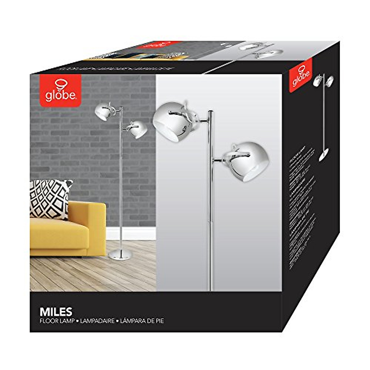 Globe Electric 12807 Miles 2-Light Adjustable Head Floor Lamp, On/Off Switch, Chrome Finish