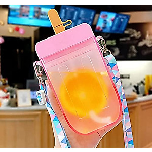 Cute Water Bottles with Straws,Creative Kawaii Popsicle Ice Cream Drink Water Bottles, Leakproof Plastic Transparent Water Jug 300ml Suitable for Kids Adults (pink)