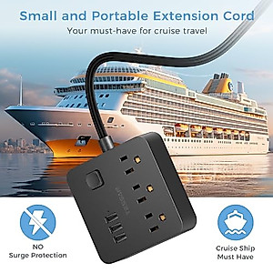 Flat Plug Power Strip, TESSAN Ultra Thin Extension Cord with 3 USB Wall Charger, 5 ft Slim Desk Charging Station Compact for Cruise Ship, Travel, Home, Office, Dorm Room Essentials, Black
