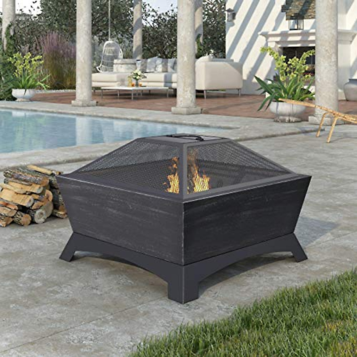 Fire Pit with Log Poker,Backyard Patio Garden Stove,Outdoor Fire Pit Table,Fire Pit Set,Wood Burning Pit,Mesh Screen for Outdoor Living, Family Use, Quality Steel,Dark Gray 25.9''x25.9''x17.1''