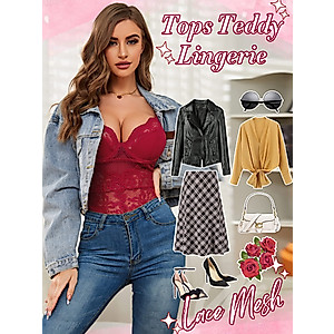 popiv Women Lace Corset Bodysuit Sexy Going Out Tops One Piece Mesh Teddy Lingerie Snap Crotch