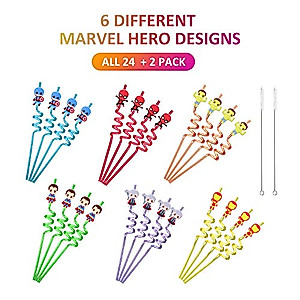 24 Superhero Party Favors Reusable Drinking Straws with Cartoon Decorations Great for Super Hero Birthday Party Supplies with 2 Cleaning Brush