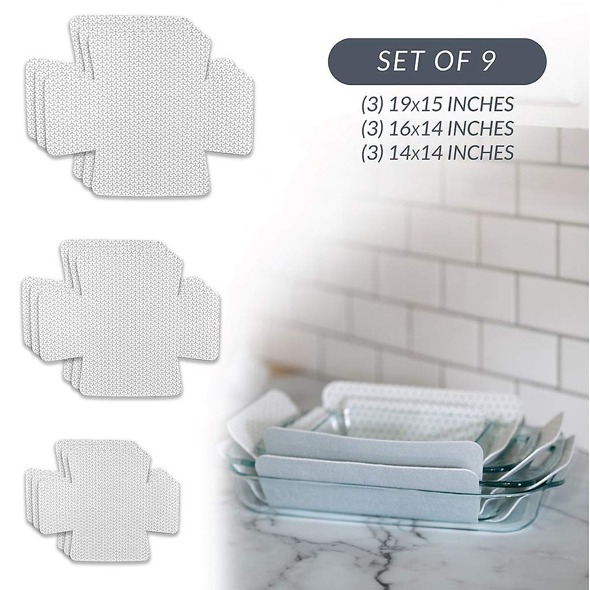 Bakeware Protectors - Set of 9 - Gray - 3 Pieces 19 X 15" Plus 3 Pieces 16 X 14" Plus 3 pieces 14 x 14" – Padded Pot and Pan Protectors To Protect Square And Rectangular Cookware
