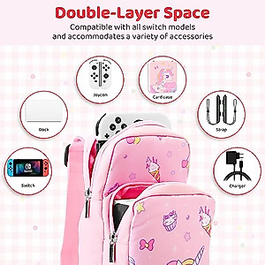 RHOTALL Portable Travel Carrying Case Compatible with Nintendo Switch/Oled/Lite, Large Capacity Shoulder Bag with 12 Slots Game Case, Thumb Grip Caps (Unicorn)